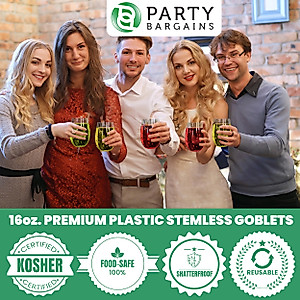 PARTY BARGAINS Stemless Goblet, 16 oz, Clear, 6 Pack, Heavy Duty Plastic Wine Glasses, Decorative Drinking Cups for Weddings, Baby Showers, Barware, Drinkware