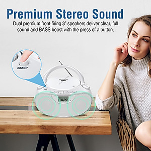 Nextron Portable Stereo CD Player Boombox with AM/FM Radio, Bluetooth, USB, AUX-in, Headphone Jack, CD-R/RW and MP3 CDs Compatible, Clear and Full Sound with Bass Boost, AC/Battery Operated – White