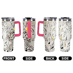LLUTSNTH 40 Oz Vacuum Tumbler with Light Rose Red Handle Leakproof Insulated Tumbler Music Notes Print Stainless Steel Travel Mug with Lid And Straw Coffee Cup Cute Water Bottles Cup Holder Friendly