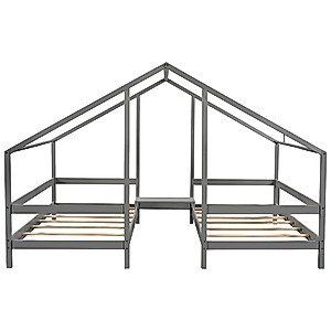 RUNWON Double Twin Size House Platform Bed, House-Shaped Sharing Daybed Frame with Built-in Desk and Safety Guard Rails for Kids Teens Adults, Grey