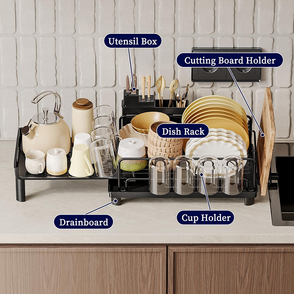 Fixwal Large Dish Drying Rack Expandable Dish Rack for Kitchen Counter, Rust-Resistant Metal Dish Drainer with Cup Holder, Cutlery Holder and Utensil Holder, Black