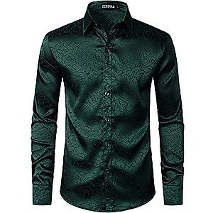 ZEROYAA Men's Hipster Satin Silk Like Full Rose Floral Jacquard Button Up Dress Shirts for Party Prom ZLCL38-Blackish Green Large