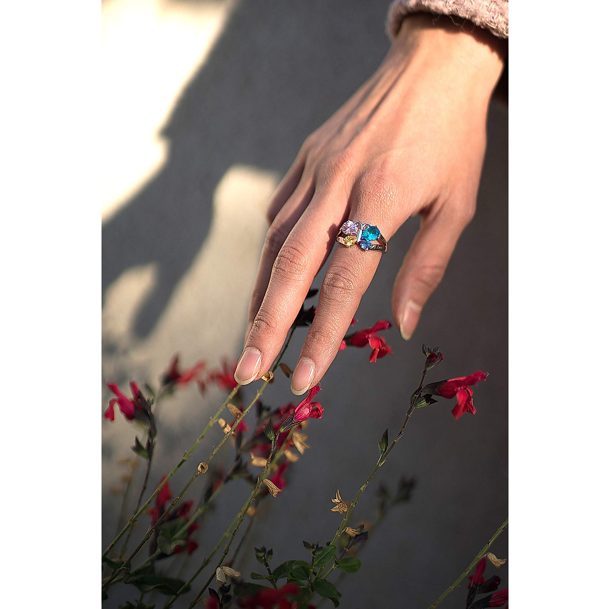 GLAMCARAT Sterling silver Personalized Butterfly Ring for Women Promise Name Rings for Daughters, Best Friends, custom engraved mothers ring 4 birthstones