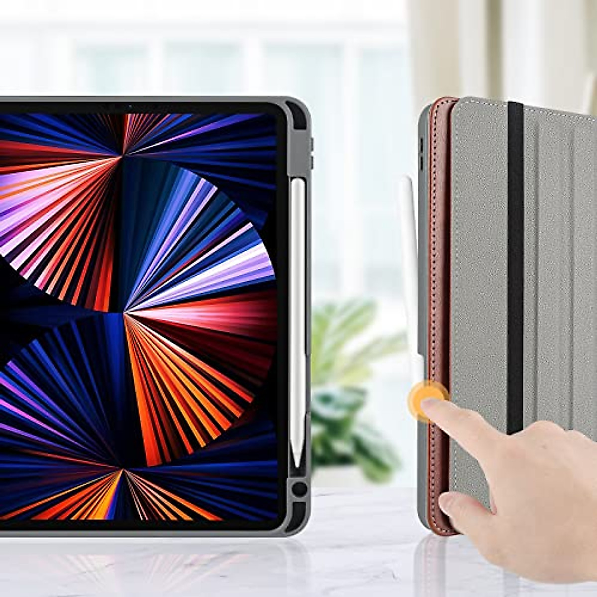 HFcoupe iPad Pro 12.9 Case 6th Generation 2022 / 5th Gen 2021, 12.9 Inch iPad Pro case with Pencil Holder and Pocket, Multiple Angles Viewing Flip Cover Protective Folio Auto Sleep/Wake - Brown