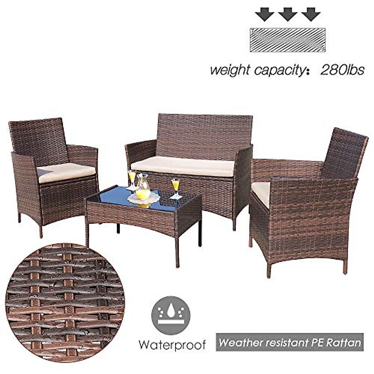 Homall Outdoor Indoor Use Backyard Porch Garden Poolside Balcony Sets Clearance Brown and Beige 4 Pieces Furniture