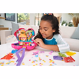Polly Pocket Flamingo Party Large Compact Playset with 26 Surprises (Including Micro Margo & Friend Dolls), Pop & Swap Feature, Tropical Party Play Areas: Palm Tree Slide & Swing; Banquet; Water Area