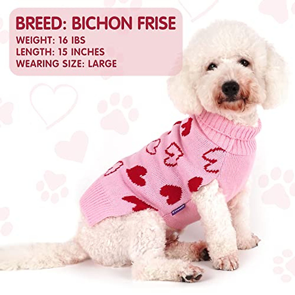 cyeollo Small Dog Sweater Heart Pattern Mothers Day Dog Clothes with Leash Hole Pullover Turtleneck Holiday Pet Apparel Pink