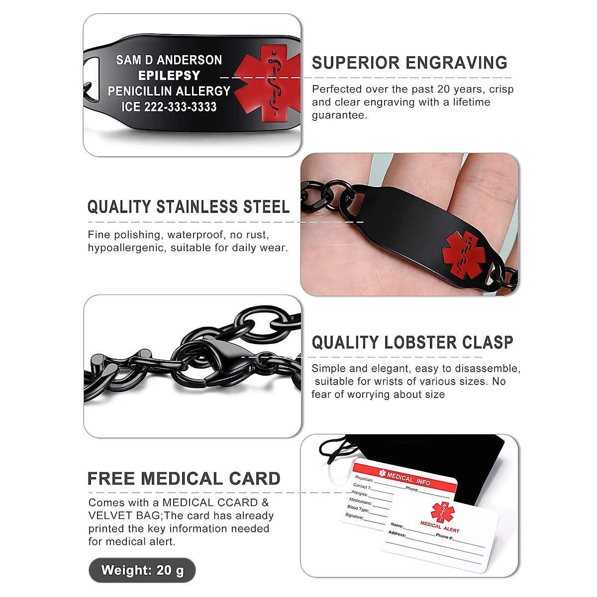 JUST MEET YOU Personalized Medical Alert Bracelets for Men Women Custom Medical ID Bracelets for Women Men Stainless Steel Medical Bracelet with Free Engraving, Adjustable(7.5-8.7 Inches)