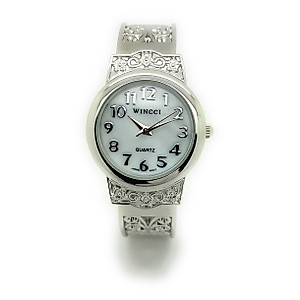 Wincci Ladies Elegant Metal Bangle Cuff Fashion Watch Pearl Dial (Silver)