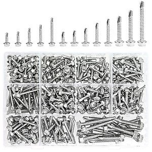 HELIFOUNER 320 Pieces #8#10#14 Hex Washer Head Self Drilling Sheet Metal Screws Assortment Kit, 410 Stainless Steel