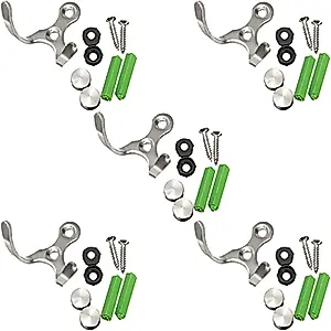 ZCZQC 5pcs Double Prong Coat Hooks with Screws and Finishing Cover 3mm Thick Stainless Steel Wall Hooks for Towel Hat Key Bag on Bathroom, Kitchen, Bedroom