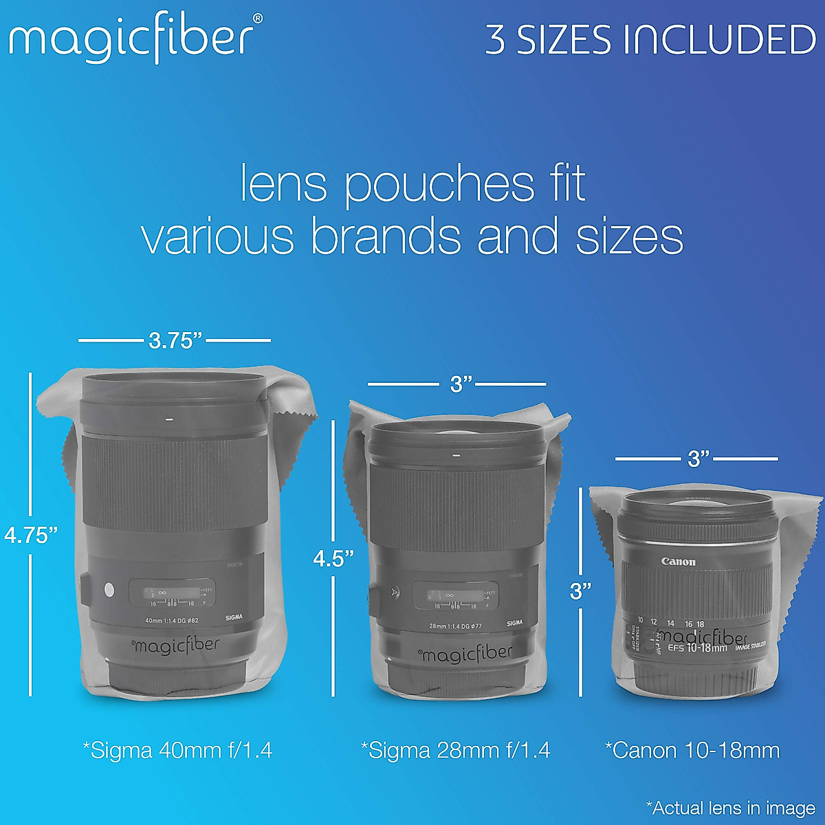 MagicFiber Microfiber Camera Lens Pouches (3 Pack) Ultra Soft Bags with Built-in Cloth for Cleaning and Storing Camera Lenses
