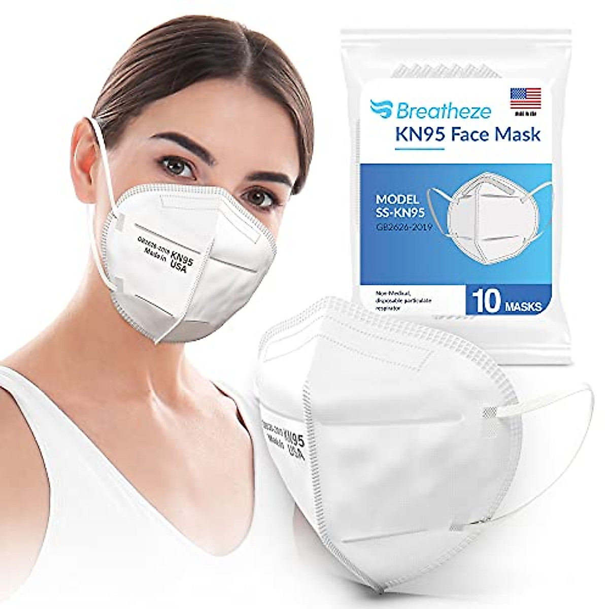 Breatheze KN95 Face Mask Made in USA Disposable Masks Breathable Face Mask Kn95 Mask White Facemask High-Filtration Protective Barrier Face Covering Elastic Ear Loops Adjustable Nose Clip 10 pack