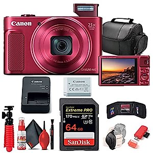 Canon PowerShot SX620 HS Digital Camera (Red) (1073C001) + 64GB Memory Card + Card Reader + Deluxe Soft Bag + Flex Tripod + Hand Strap + Memory Wallet + Cleaning Kit (Renewed)
