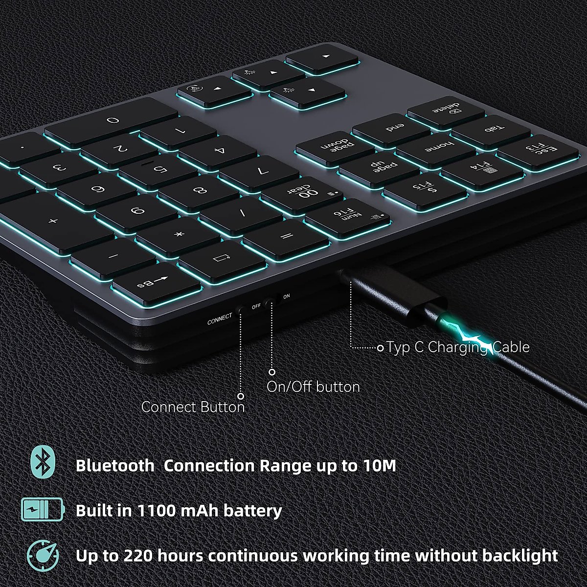 Doohoeek Backlit Bluetooth Numeric Keypad for Laptops and Computers, Number Pads 34 Keys with 7-Color Backlight for MacBook & Windows, Gray