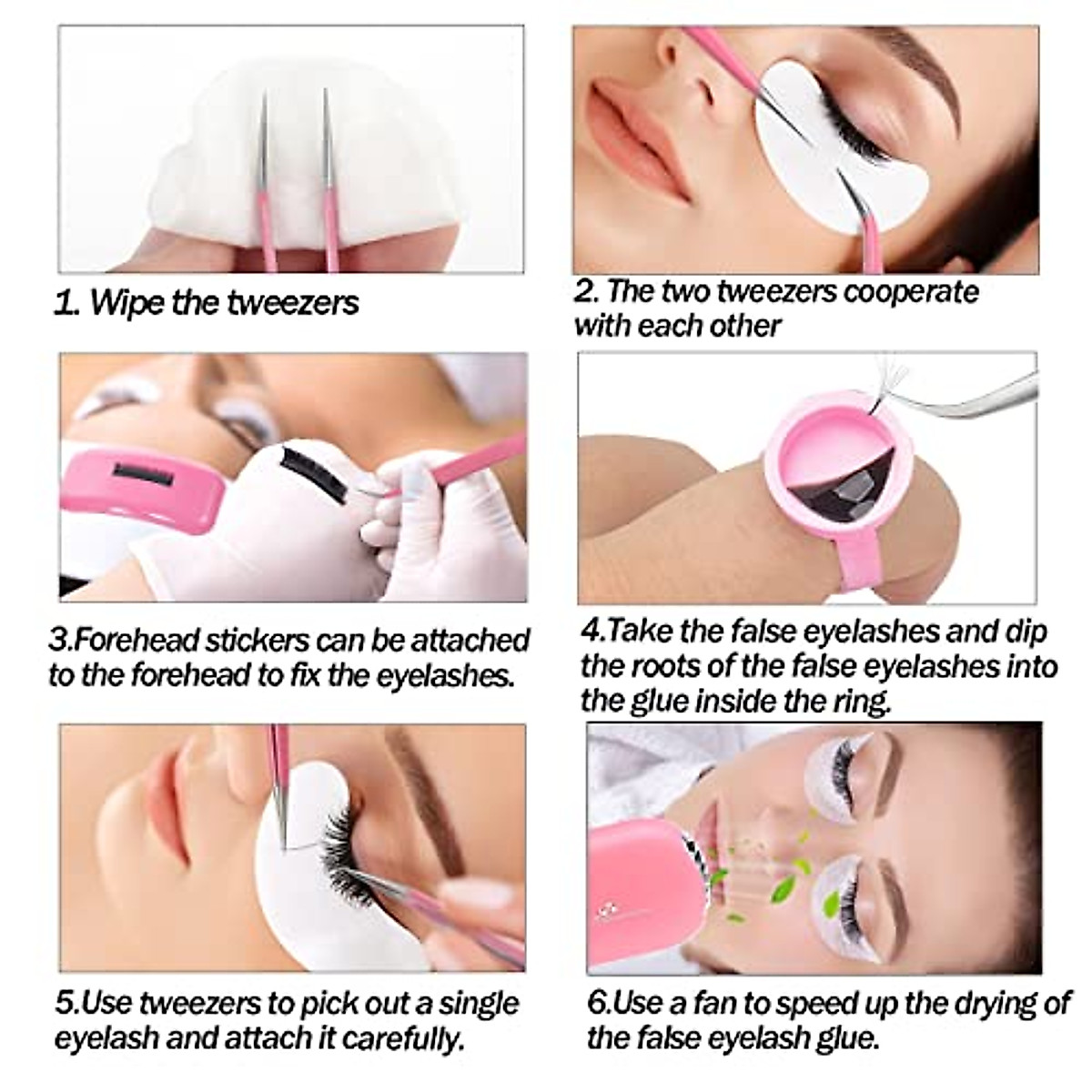 Eyelash Extension Supplies Kit for Professionals 1 Mini Fan Lash Dryer,Lash Extension Silicone Pad,2 Tweezers,Tapes,10 Under Eye Gel Pads,50 Mascara Brush,100 Micro Applicator,100 Glue Ring (Pink B)