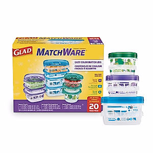 GladWare Matchware Food Storage Containers, 20 pc Value Pack Rainbow Kitchen Storage Containers | Glad Lock Tight Seal, BPA Free Lunch Containers, Glad Plastic Food Containers with Lids