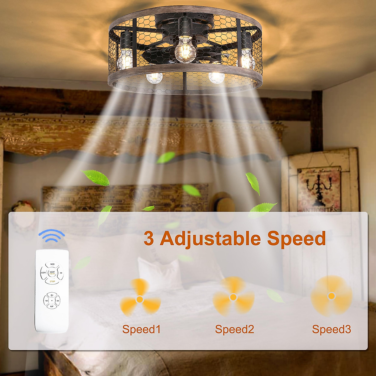 Ohniyou 20'' Flush Mount Caged Ceiling Fan with Lights Remote Control, Farmhouse Rustic Low Profile Small Vintage Enclosed Ceiling Fan Lighting Fixture Bedroom Dining Room