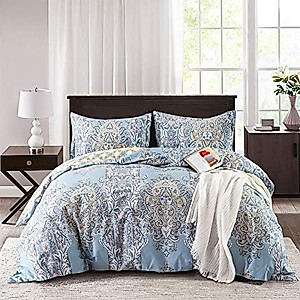 JUCFHY Duvet Covers Sets Cotton Paisley Damask Medallion -1000TC Egyptian Cotton Duvet Cover- Reversible Percale Weave Comforter Cover Set-3pcs Soft Breathable Bedding(Queen,Light Blue Floral)
