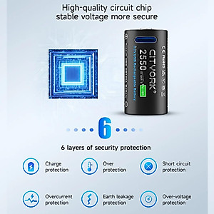 CITYORK CR123A 2550mWh Lithium Battery 6 Pack, 2550mWh CR-123A Lithium Battery for High Intensity Flashlight, Home Safety, Security Devices with 4 in 1 USB-C Cable（Not D Size Battery）