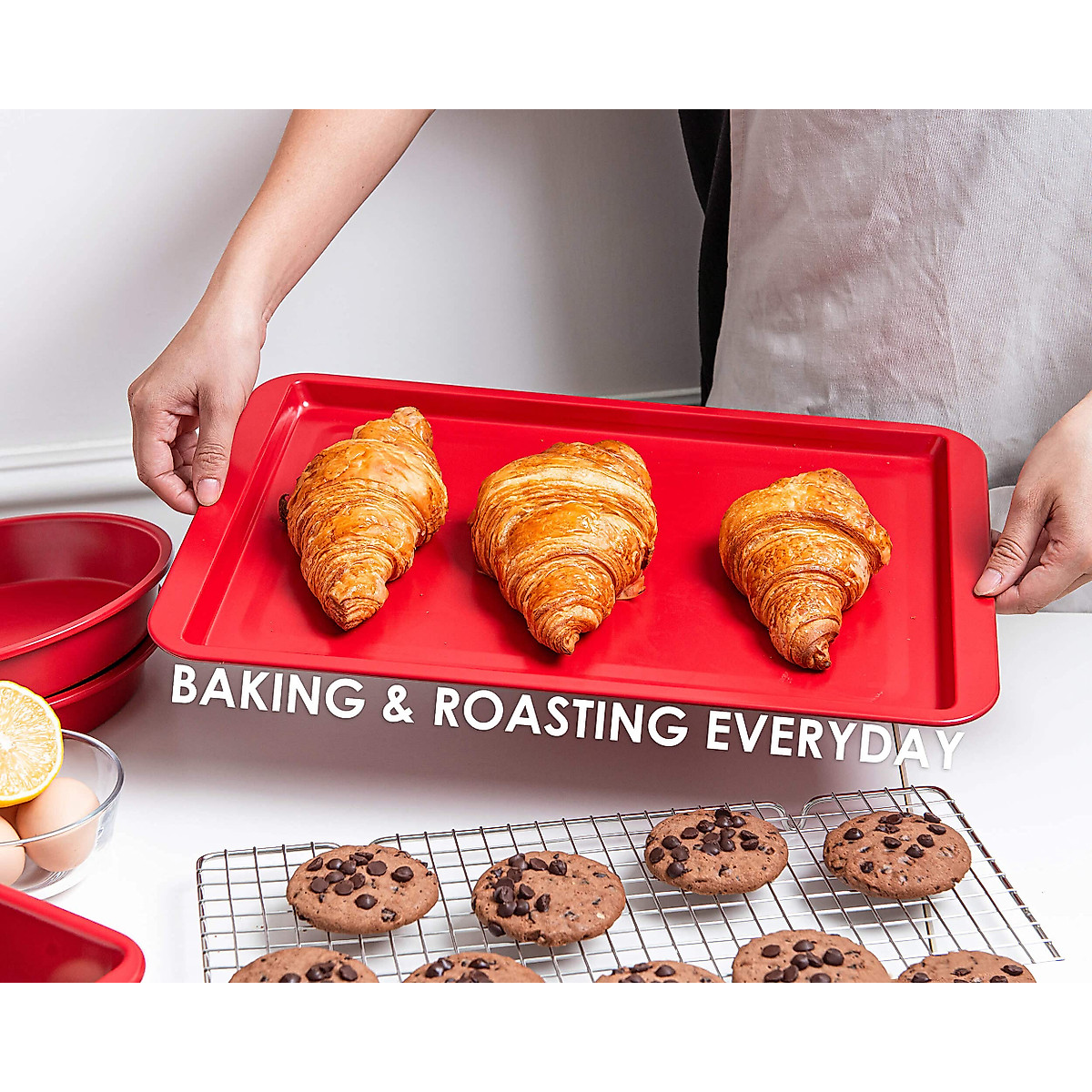 Rorence Nonstick Steel Bakeware Set: Cookie Sheet, Rectangular Cake Pan, 2 Round Cake Pans, Muffin Pan, Loaf Pan & Cooling Rack - Set of 7 - Red