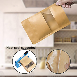 IDEALUX Stand Up Kraft Pouch Bags, Reusable Zip Lock Sealing & Notch Matte Transparent Window Bags, Resealable Zip Lock Food Storage Bag,11x7+3.14 Inches, Pack of 50