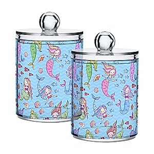 xigua 2 Pack Mermaid Qtip Holder Dispenser with Lids 14 oz Bathroom Storage Organizer Set,Clear Apothecary Jars Food Storage Containers for Tea,Coffee,Cotton Ball,Cotton Swab,Floss