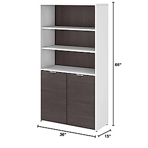 Bush Business Furniture Jamestown 5 Shelf Bookcase with Doors in White and Storm Gray
