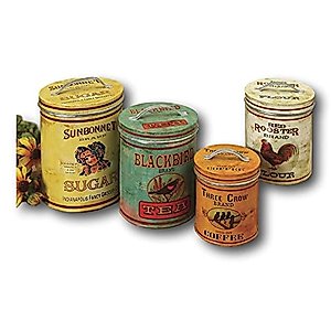 Set of 4 Large Vintage Antique Style Round Metal Nesting Kitchen Canisters with Lids Sugar Tea Coffee and Flour
