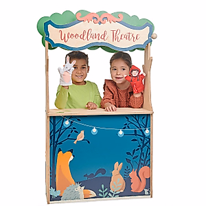 Tender Leaf Toys Woodland Store and Puppet Theater – 2 Sided Reversible Grocery Stand and Hand Puppeteer Stage - Social, Creative, and Imaginative Development – Expressive Role Play – Ages 3 Years +