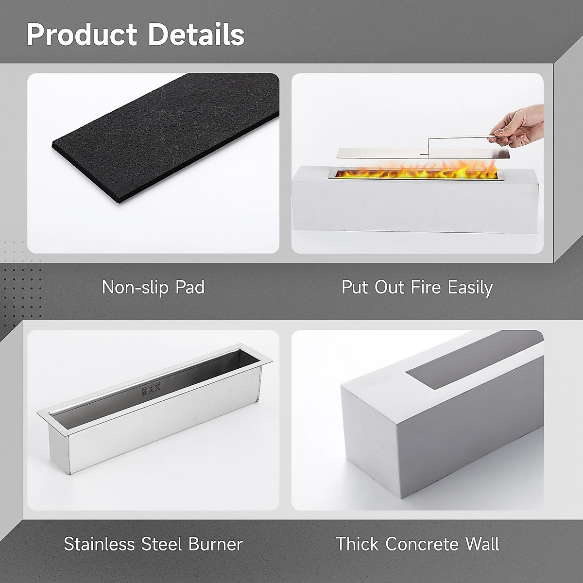 Joyoolife 17.7*3.9 Inch Tabletop Fire Pit, Rectangular Tabletop Fireplace, Table Top Firepit, Alcohol Concrete Fireplace, Small Fire Bowl with 4 Roasting Forks for Indoor Outdoor, Housewarming Gifts