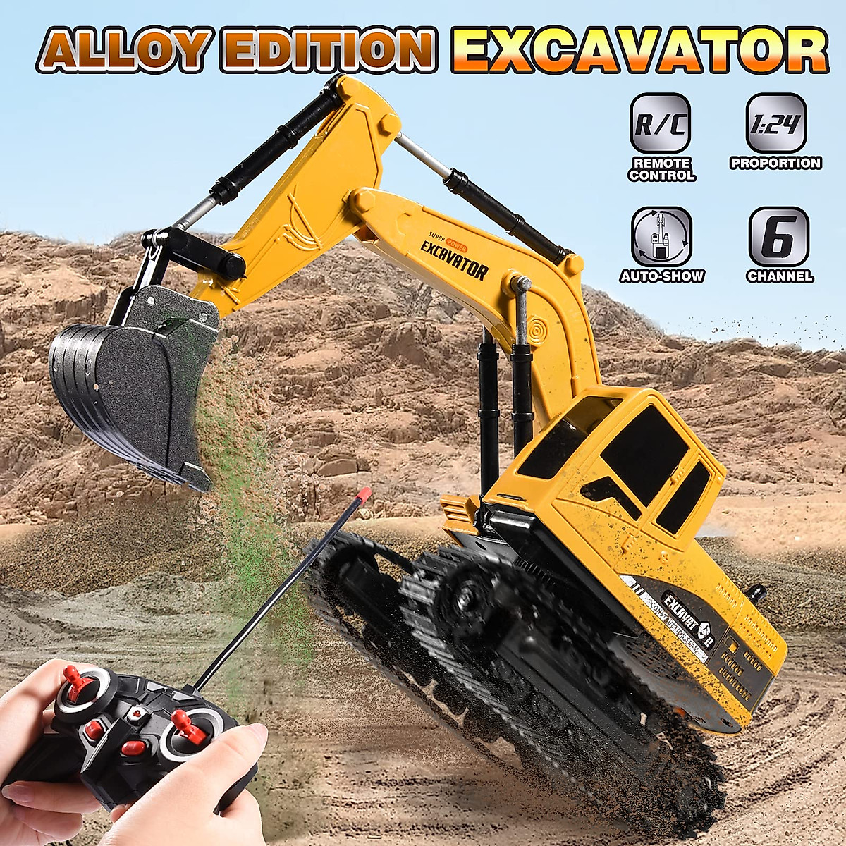 Vanzer RC Excavator Toy, Remote Control Hydraulic Toy Car for 6,7, 8, 9-14 Year Old Boys Girls, Construction Tractor Vehicle, Rechargable Engineering Digger Truck, Best Birthday Gifts for Kids