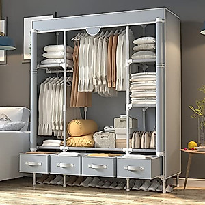 ASSICA Portable Clothes Closet Rolling Door Wardrobe with Hanging Rack Non-Woven Fabric Storage Organizer with Four Drawer Boxes No-Tool Assembly - 59.0 x 17.7 x 67.0 ‘’ (Gray)