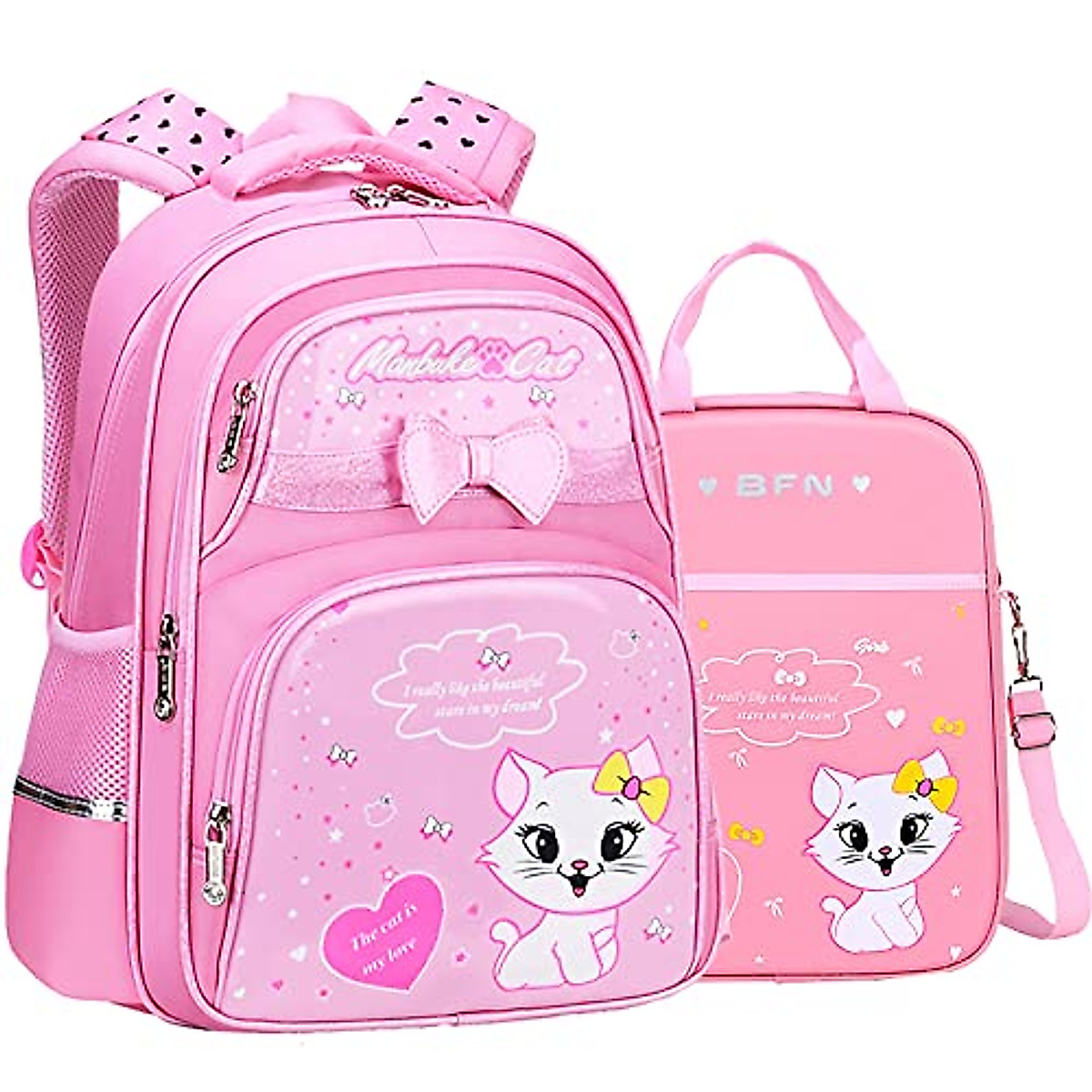 MOCCNORA Girls Backpack 16 Inch Cute Cat Backpack for Girls Princess Bowknot Backpack with Lunch Bag for Primary Students