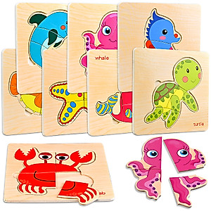 Faburo 8pcs Wooden Puzzles for Toddlers 1-3, Toddler Puzzles Ages 2-4, Montessori Toys for 1-3+ Years Girl Boy, Sea Animal Puzzle for Kids, Jigsaw Puzzles Educational Toys Preschool Puzzles for 1-3