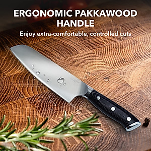 Honjo Muller Santoku Knife 7 Inch - Sharp Japanese-Style Kitchen Chef Knife | Full Tang Stainless Steel Cooking Knives | Cutting, Chopping, Slicing