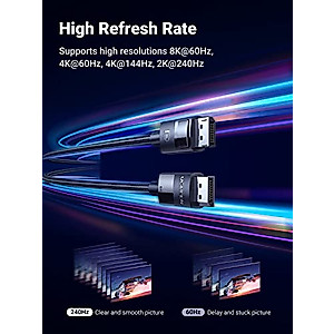 UGREEN VESA Certified 8K DisplayPort Cable 6FT, DP 1.4 Cable Displayport to Displayport Cable Support 8K@60Hz, 4K@144Hz, FreeSync, G-Sync, HDR, 32.4Gbps for HDTVs, Displays, Monitors, Graphics, PC