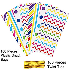 Aneco 100 Pack Rainbow Cellophane Bags Plastic Candy Bags Gift Bags Goodie Bags with Twist Ties for Valentine, Birthday, Gift Cookie Snack Packing Party Favor Supplies
