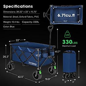 VIVOSUN Collapsible Folding Wagon, Outdoor Utility with Silent All-Terrain Beach Wheels, Adjustable Handle, Cup Holders & Side Pockets, for Camping, Beach, Shopping, Garden, Sports, Picnic, Blue