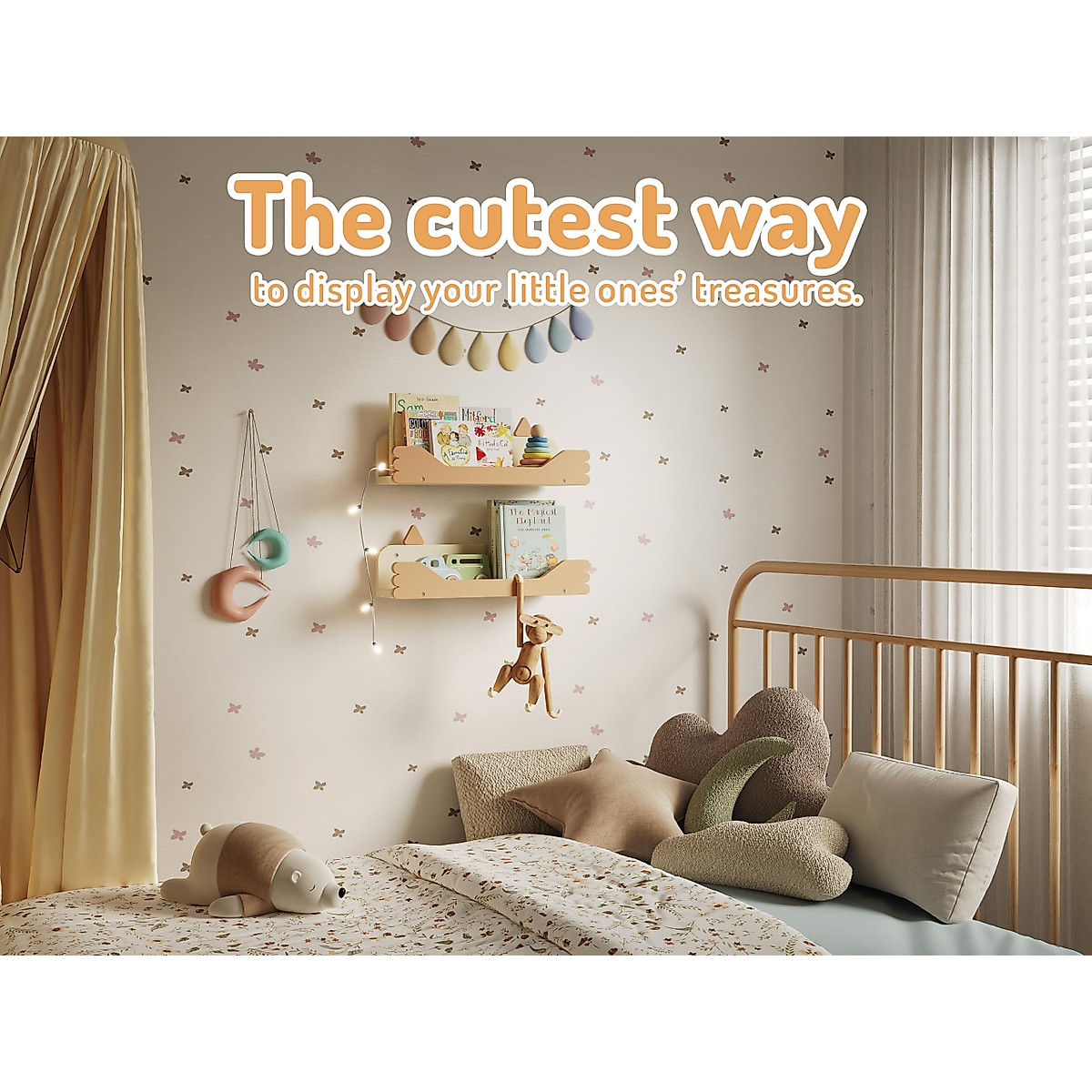 TomVista Nursery Floating Shelves, 16.5 Inches Cute Decorative Shelf for Bedroom, Kids' Room, Wall Mounted Wood Bookshelf Organizer for Wall Storage, White/Sandy Beige, Set of 3