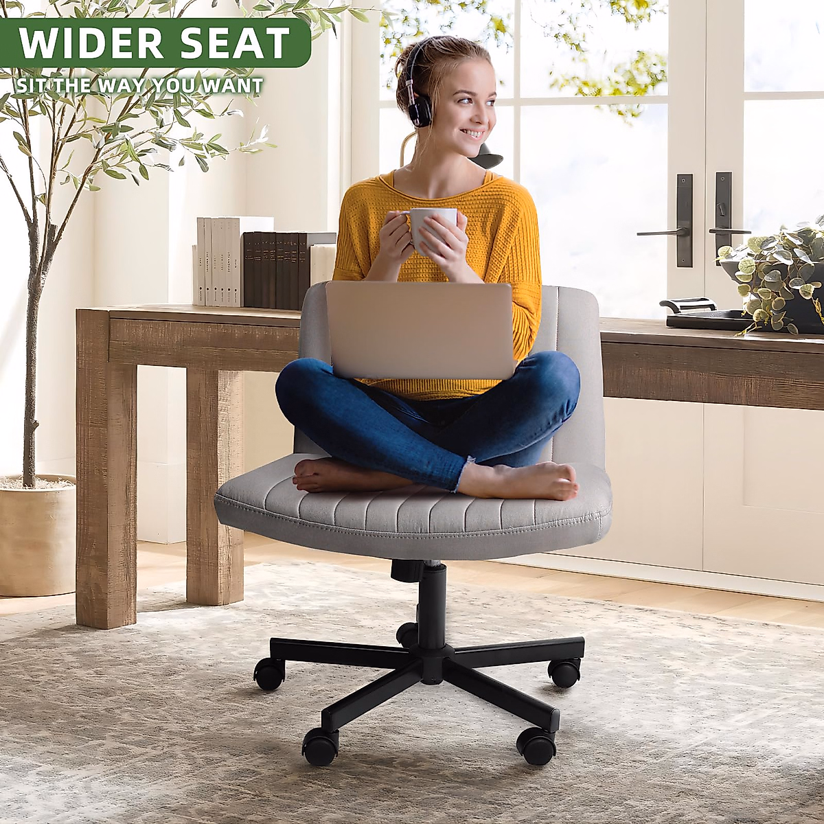 Waleaf Criss Cross Chair with Wheels, Wide Seat Cross Legged Office Chair Armless Ergonomic Office Chair for Home Office, Swivel Adjustable Fabric Wide Desk Chair, Computer Task Vanity Chair