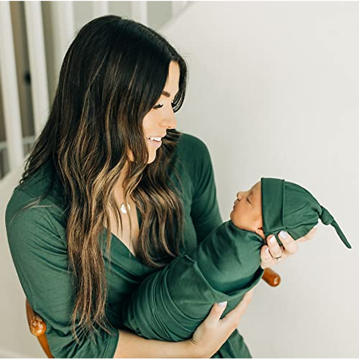 Milkmaid Goods Baby Swaddle Blanket & Matching Headwear Set, Newborn Receiving Blanket, Gender Neutral, Buttery Soft & Breathable Fabric, Large W/Extra Stretch for Easy Wrapping (Hat, Hunter)