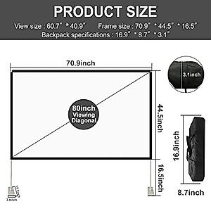 Projector Screen with Stand 80 inch Portable Projection Screen 16:9 4K HD Projections Movies Screen with Carry Bag for Indoor Outdoor Home Theater Backyard Cinema Travel