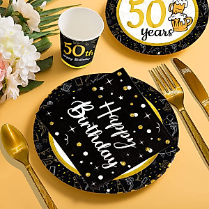 50th birthday decorations for men women - cheers to 50 years black gold Birthday supplies, Plates and Napkins, Cups, Knives, Forks, Spoons Included, tablecloth, Tableware for 24 Guests,Total 169pcs