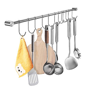 YIHAIXINGWEI Utensil Racks 22Inch Kitchen hanger 304 Stainless Steel Wall Hanging Rail Rod Wall Mount Pot Rack Pans Flatware Storage Organization holder With 12 Sliding Hooks.