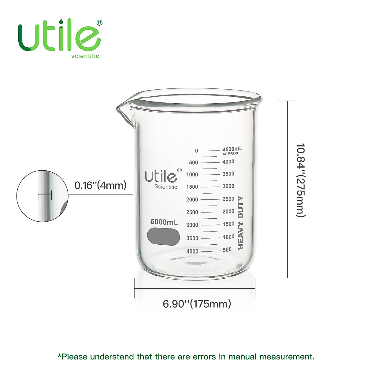 Utile 169.1oz(5000ml) Low Form Glass Beakers, Borosilicate 3.3 Glass with Printed Graduation, 4000.5000.1