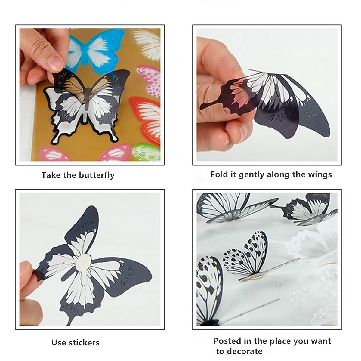 90 PCS 3D Butterfly Wall Stickers,Butterfly Decor PVC Crystal Butterfly,Art Decal Satin Paper Butterflies Home DIY Decor Removable Sticker,Bedroom Showcase Nursery Butterfly Wall Decor(Black-White)
