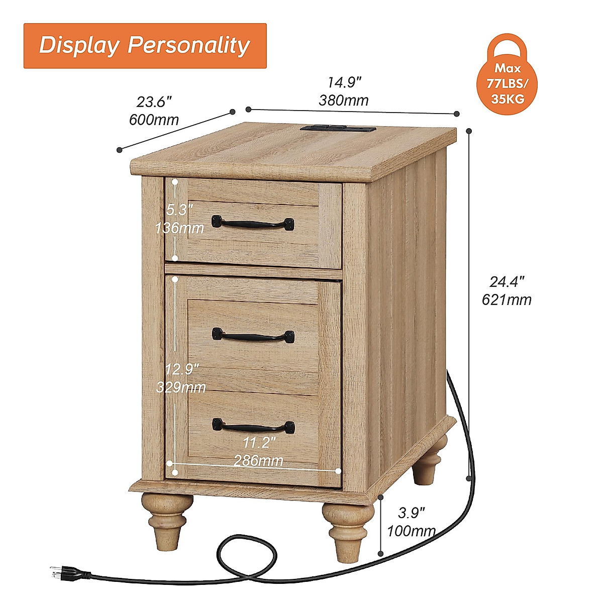 WAMPAT Farmhouse End Table with Charging Station, Light Wood Sofa Side Table with Drawer and Storage Cabinet, Narrow Nightstand with Power Outlets & USB Ports for Living Room, Bedroom, Oak
