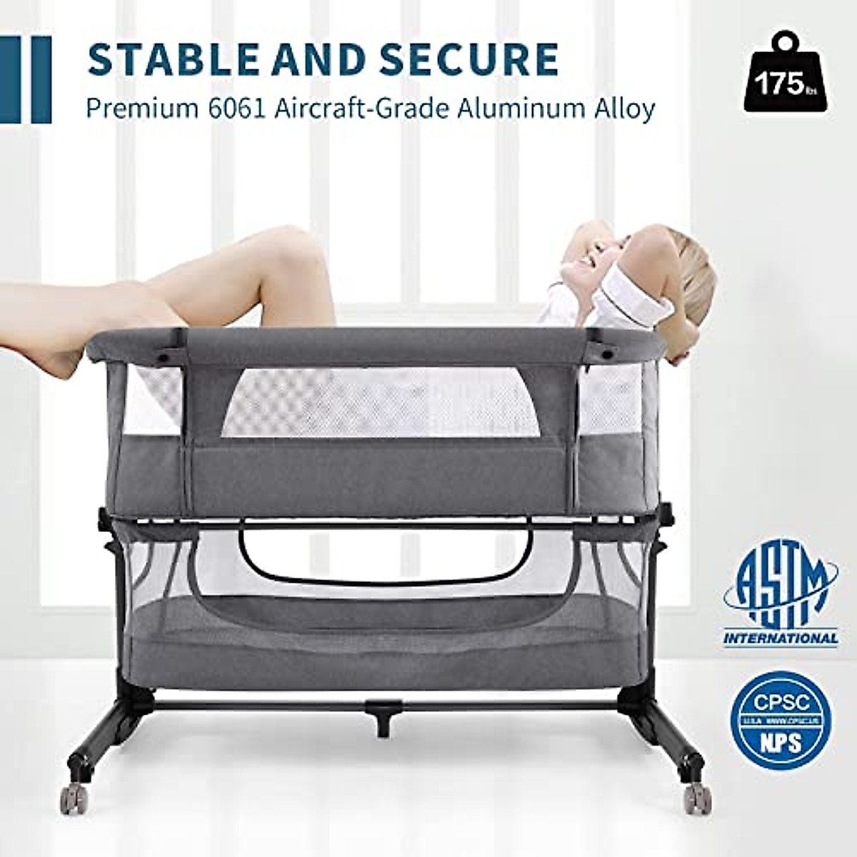 Ihoming Bassinet Bedside Sleeper for Baby, 3 in 1 Convertible Design, lnfant Bed & Bed Side Sleeper & Cradle Bassinets, Newborn Bedside Crib Attaches to Bed, Deep Grey