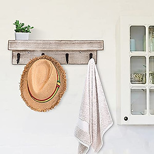 Flyisland Vintage Rustic Wood Wall Mounted Entryway Shelf with 4 Antique Metal Hooks (4 Hooks, Black)